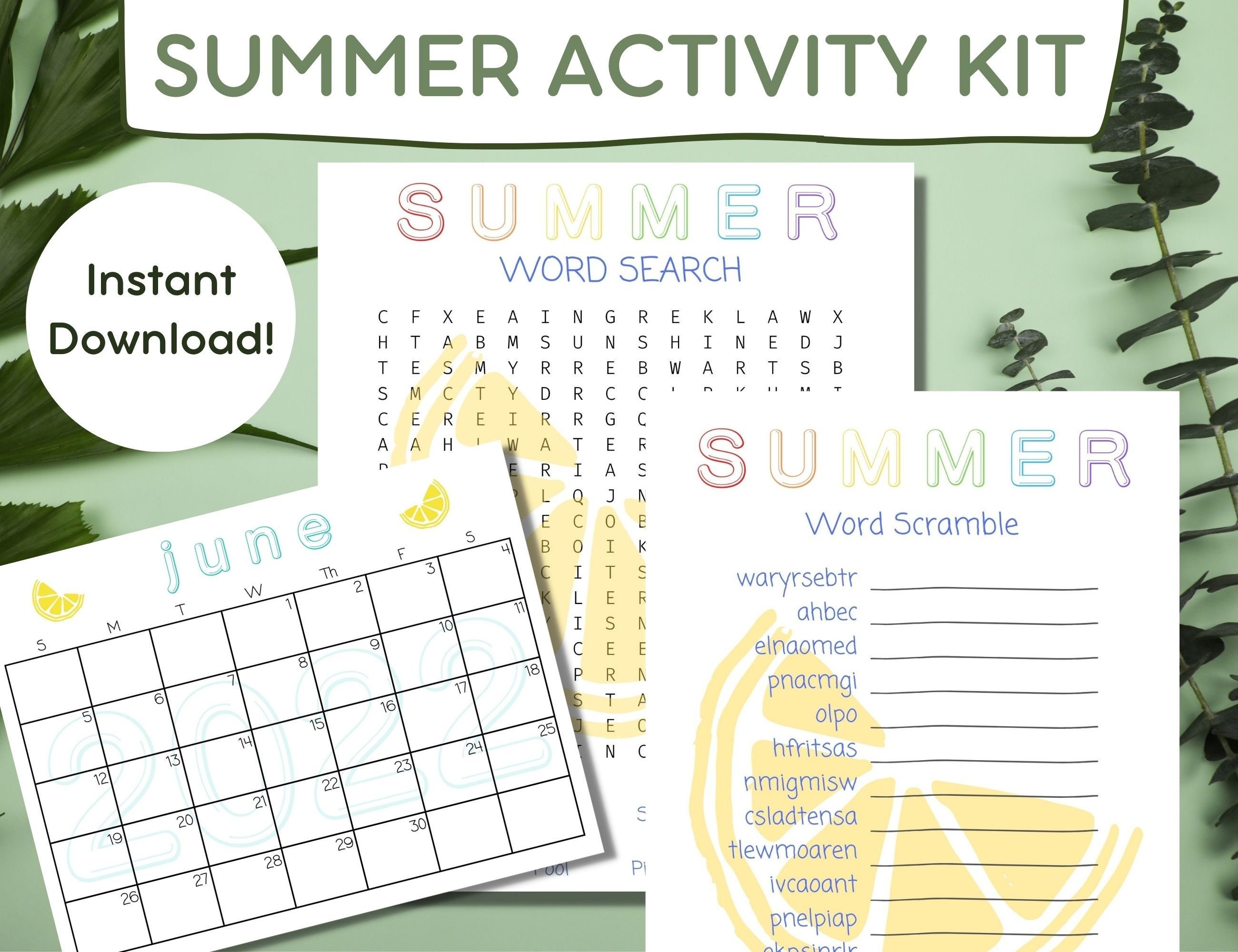 Printable Summer Activity Kit Word Search Word Scramble Calendar ...