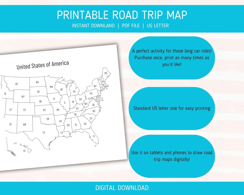 Printable US Road Trip Map, Kids Activity, Labeled States (instant ...