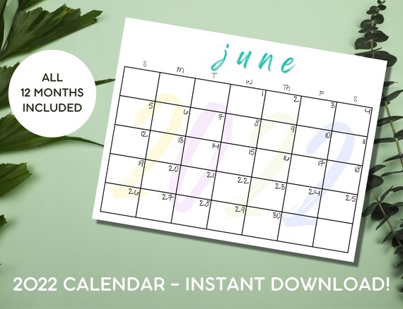 2022 Printable Calendar Instant Download 12 Months - Etsy