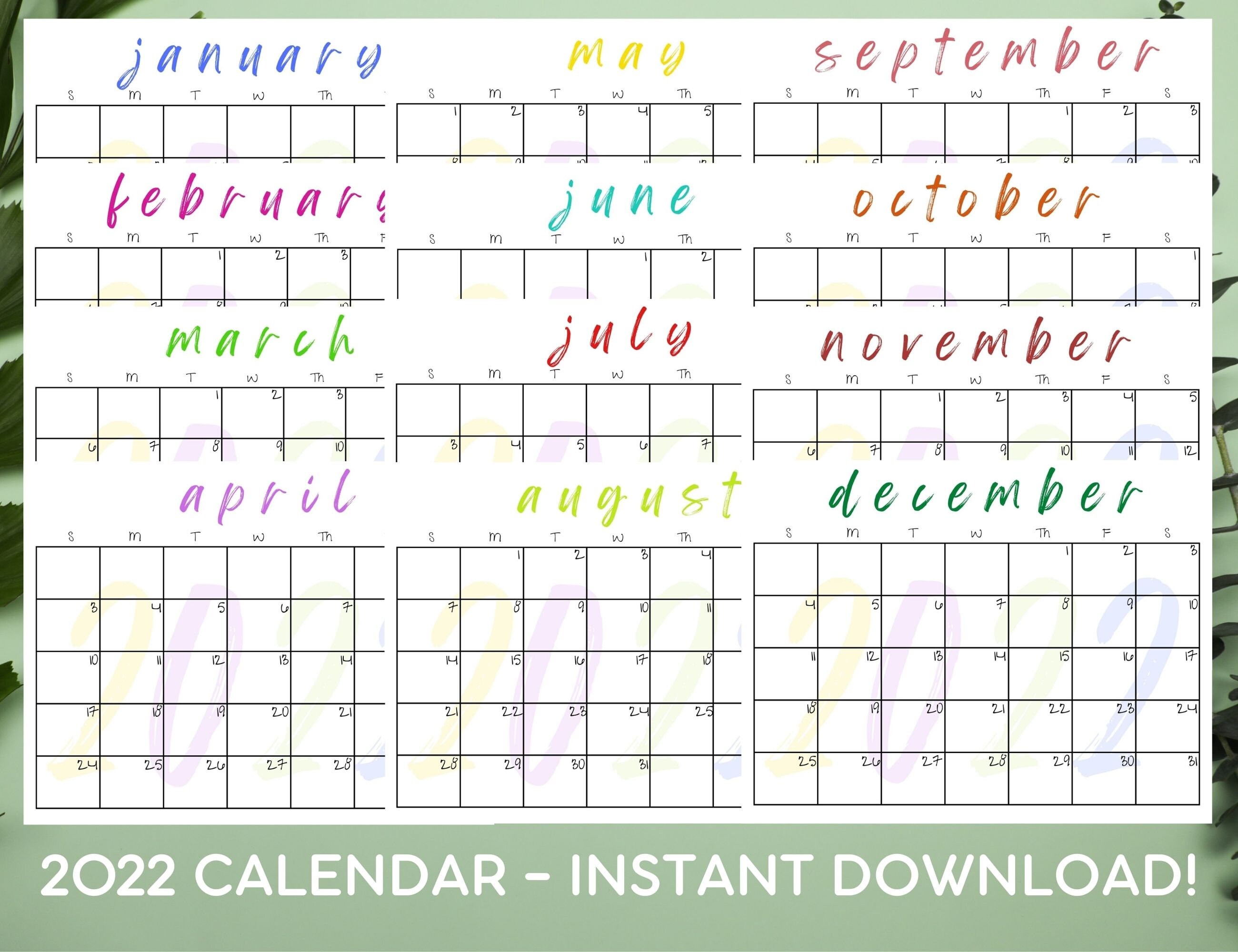 2022 Printable Calendar Instant Download 12 Months - Etsy