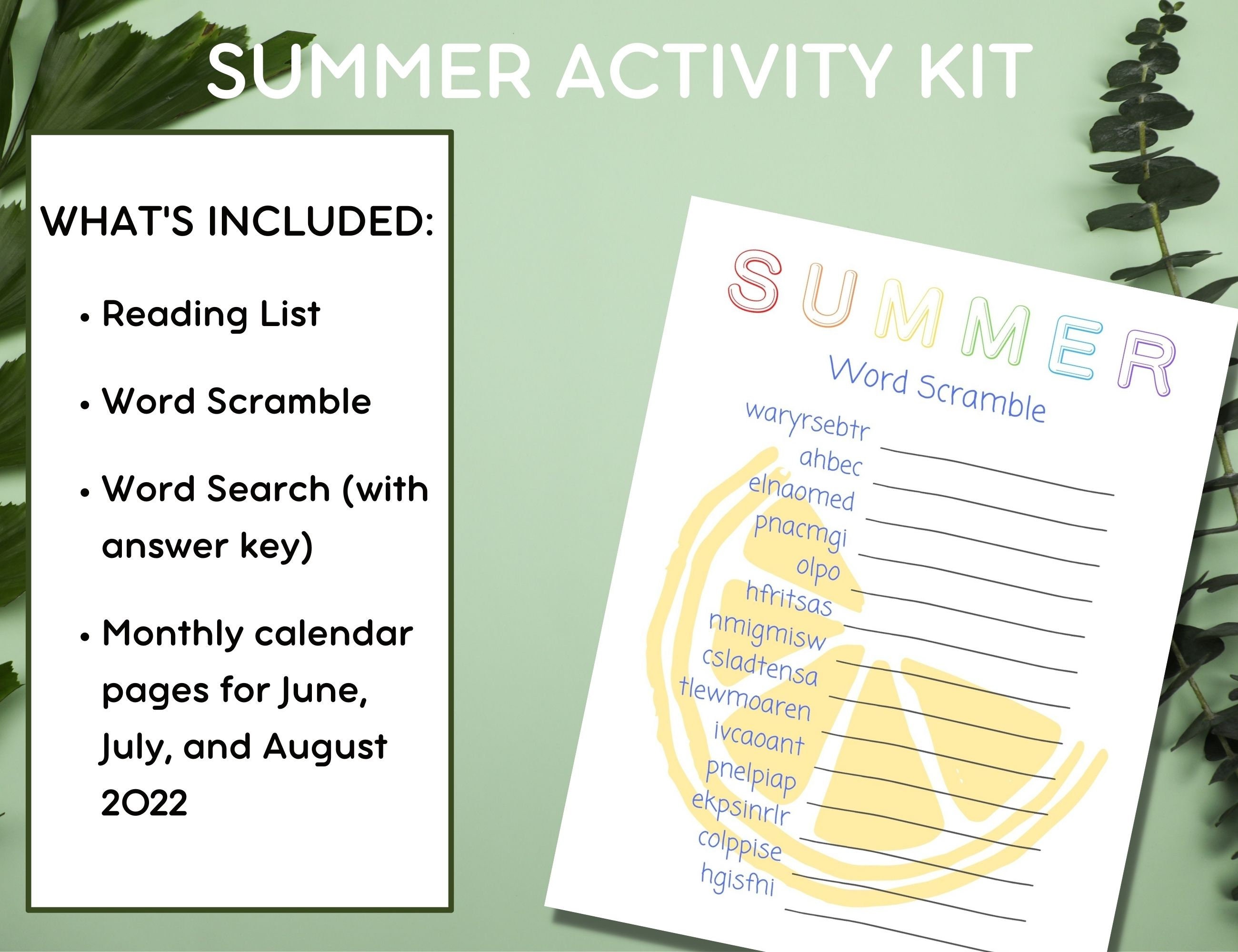 Printable Summer Activity Kit Word Search Word Scramble Calendar ...