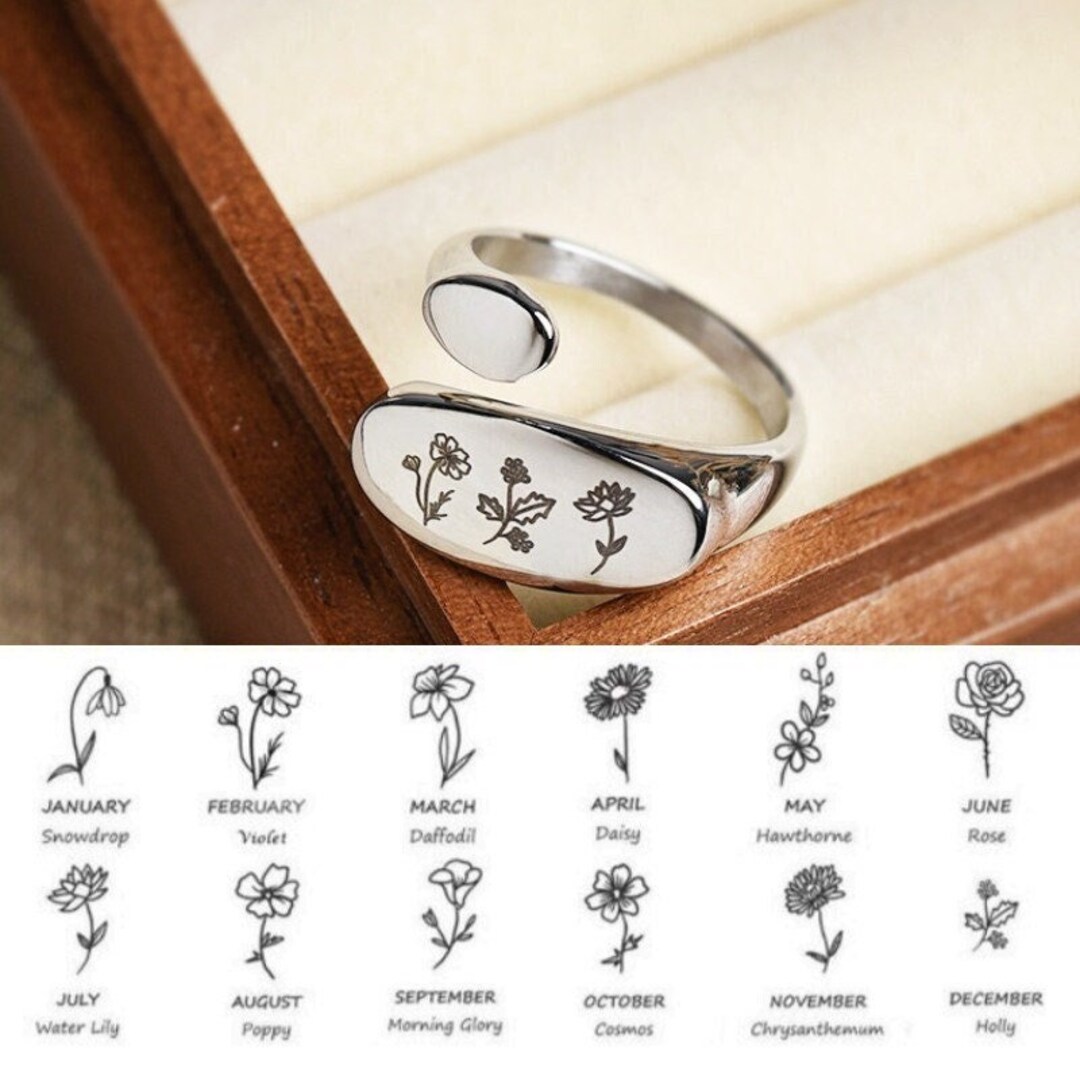 Custom Engraved Birth Flower Ring Personalized Family Floral - Etsy