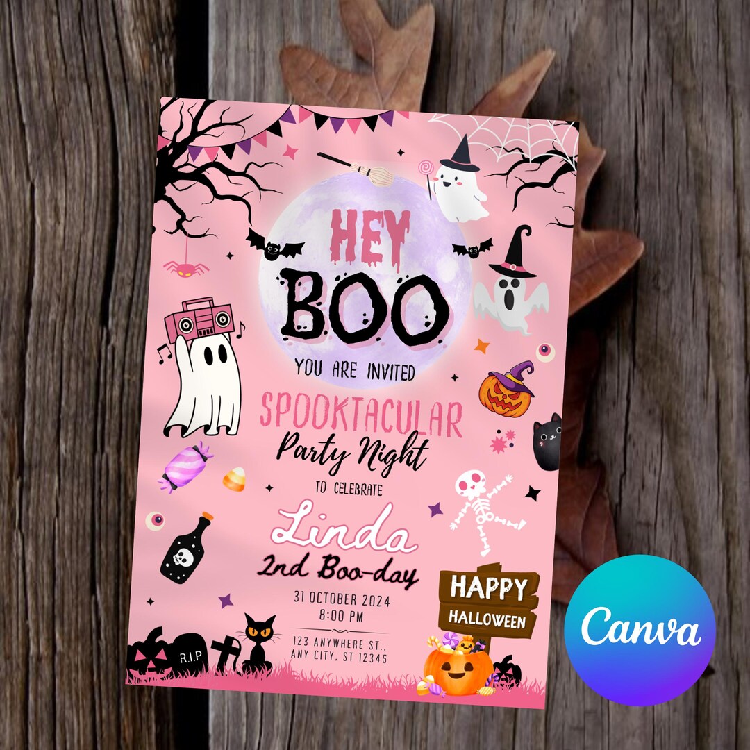 Halloween Pink Ghost Birthday Invitation, Editable Halloween Party ...