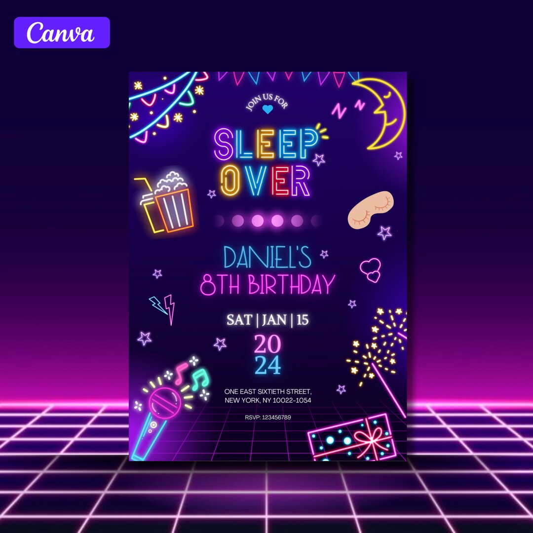 Sleepover Birthday Invitation, Printable Slumber Party Invite, Neon ...