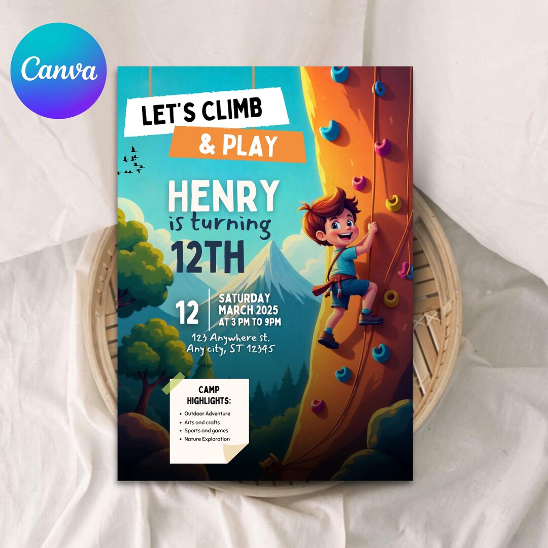 Editable Rock Climbing Birthday Invite, Printable Rock Wall Party ...