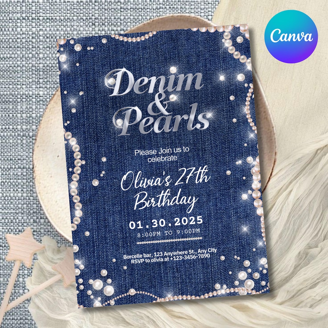 Denim and Pearls Birthday Invitation Template, Printable Pearl and ...