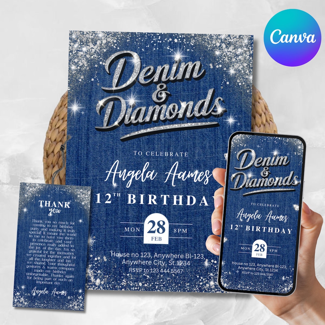 Denim and Diamonds Birthday Invitation, Editable Denim Birthday Dinner ...