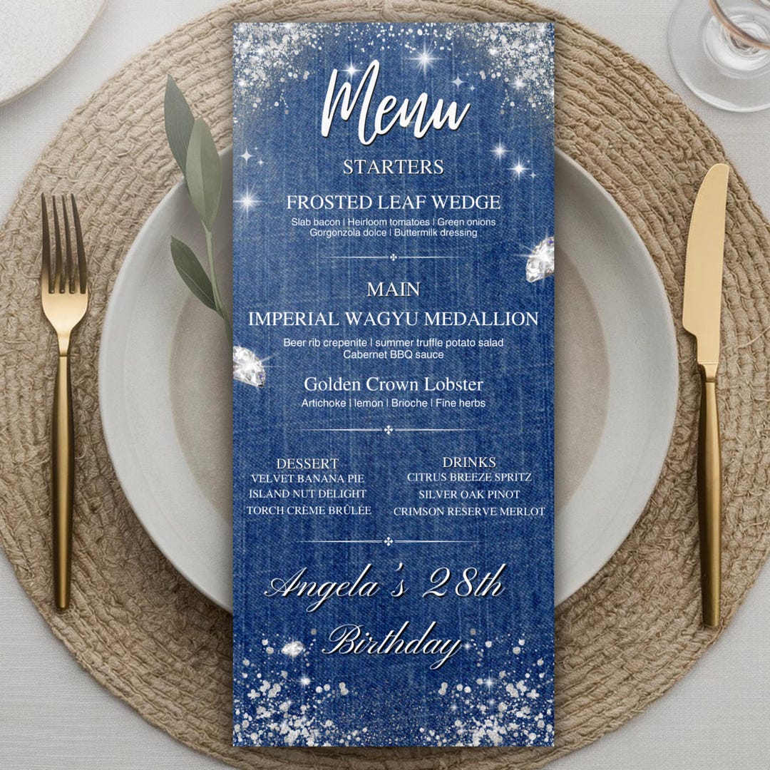 Denim and Diamonds Birthday Menu, Editable Denim & Diamonds Birthday ...