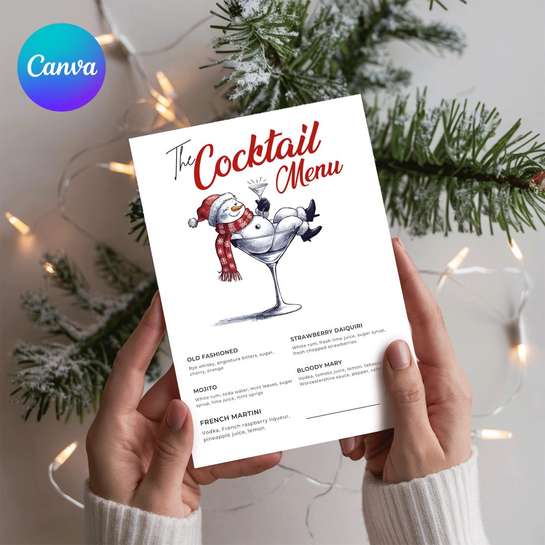 Christmas Cocktail Menu Sign Template, Holiday Party Bar Sign Printable ...