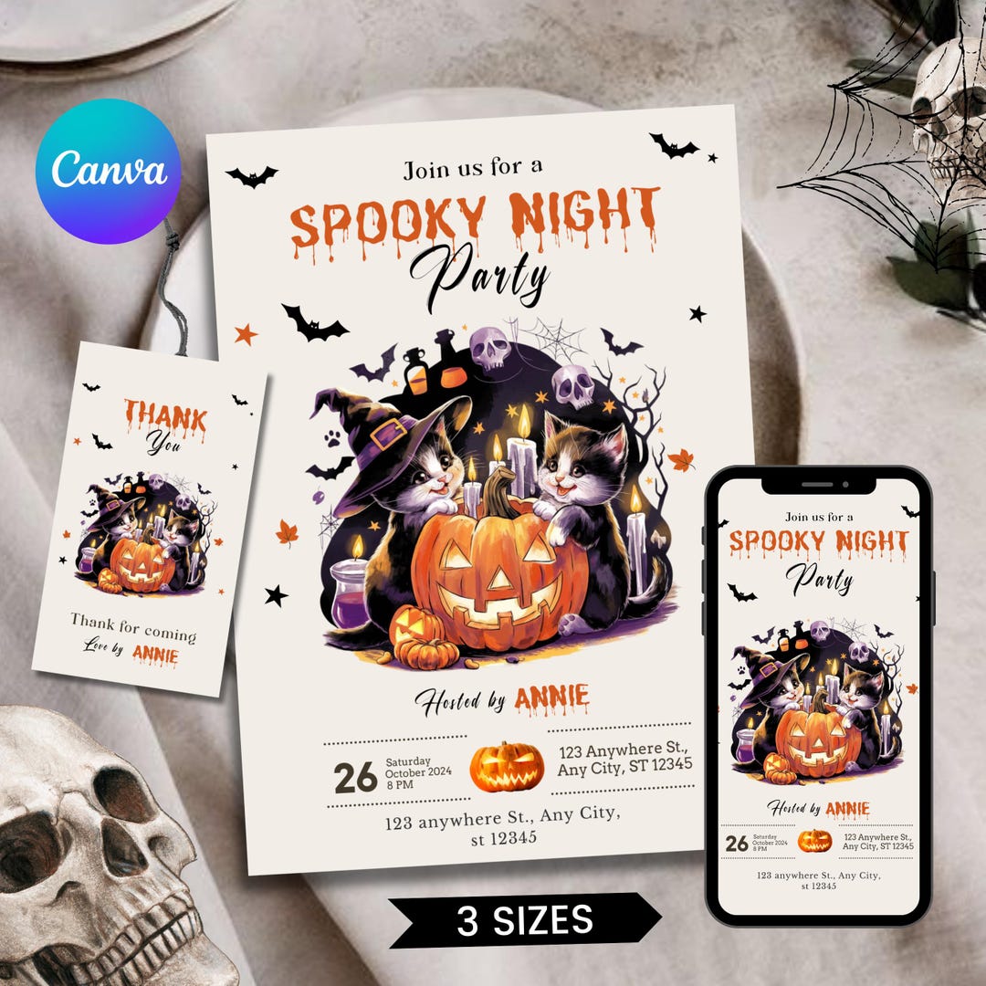 Editable Halloween Party Invitation, Black Cat Halloween Party Invite ...