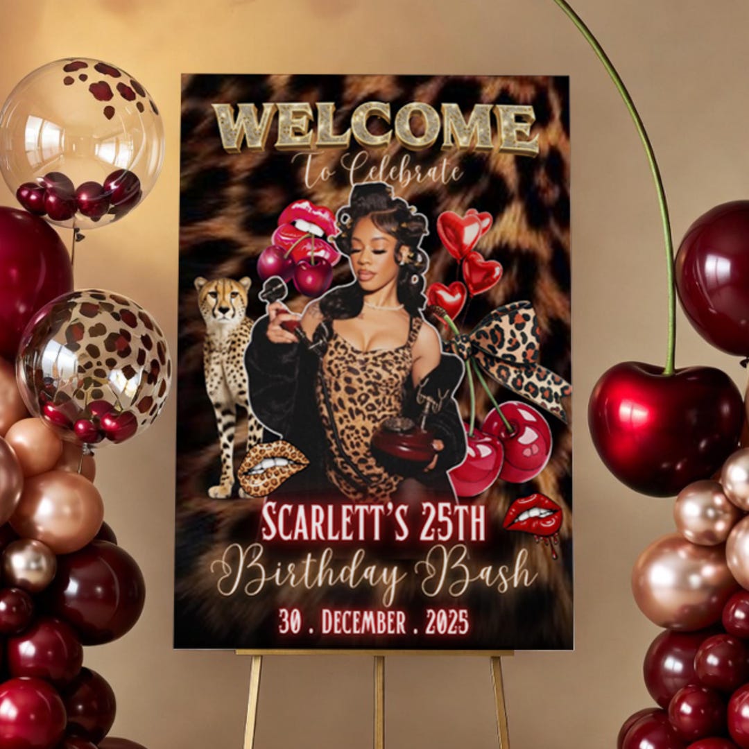 Cheetah Print Birthday Welcome Sign Leopard Red and Gold Sign Poster ...