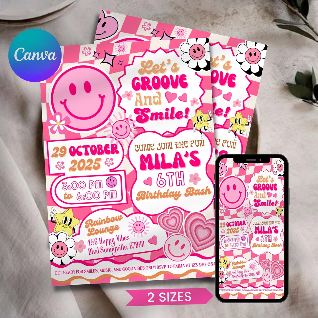 Smiley Birthday Invitation, Preppy Pink Party Invite for Kids,preppy ...