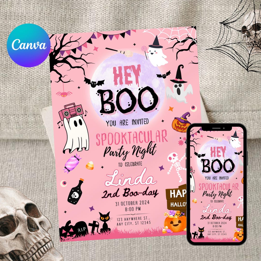 Halloween Pink Ghost Birthday Invitation, Editable Halloween Party ...