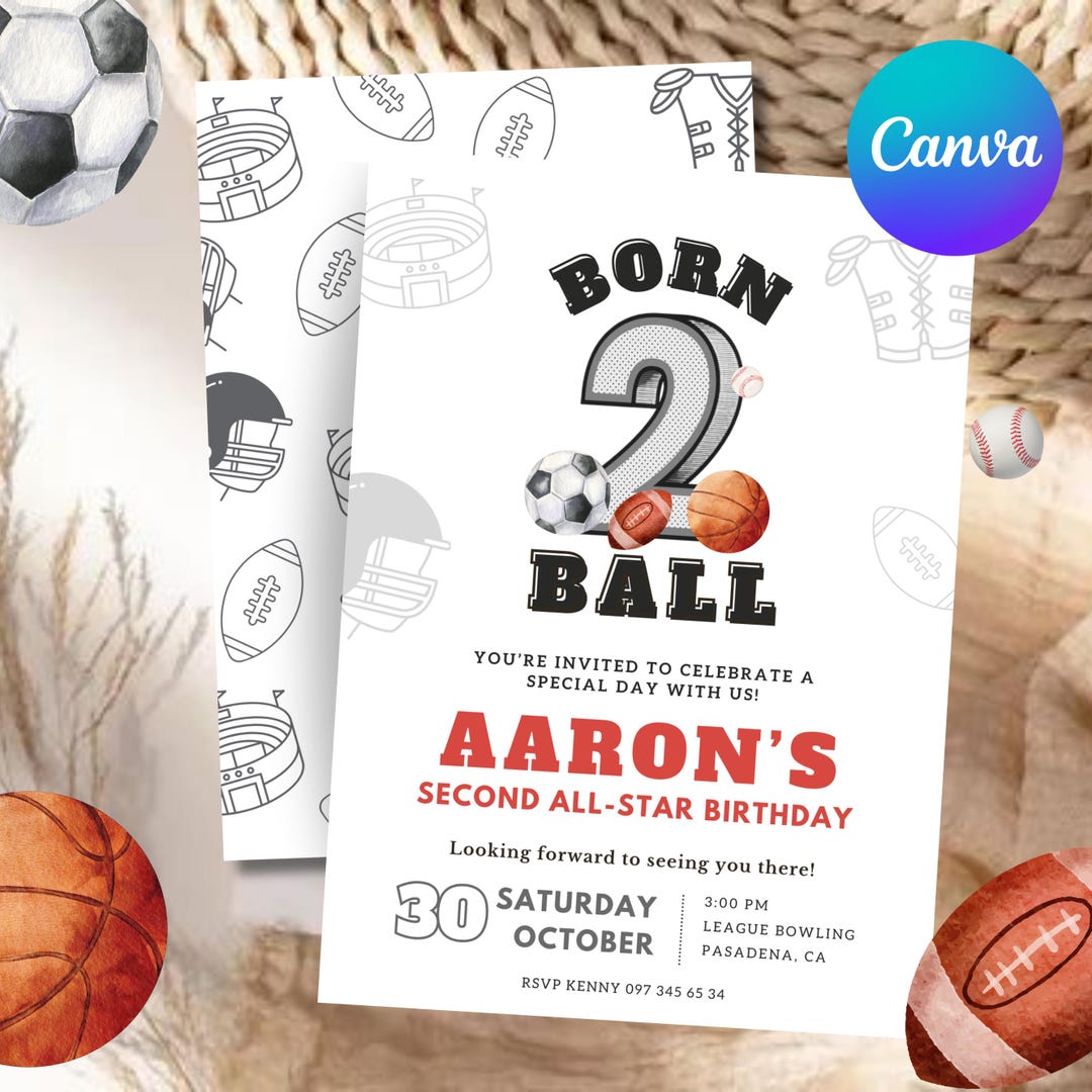 Editable Born 2 Ball Invitation for Boys, 2nd Birthday Invite Template ...