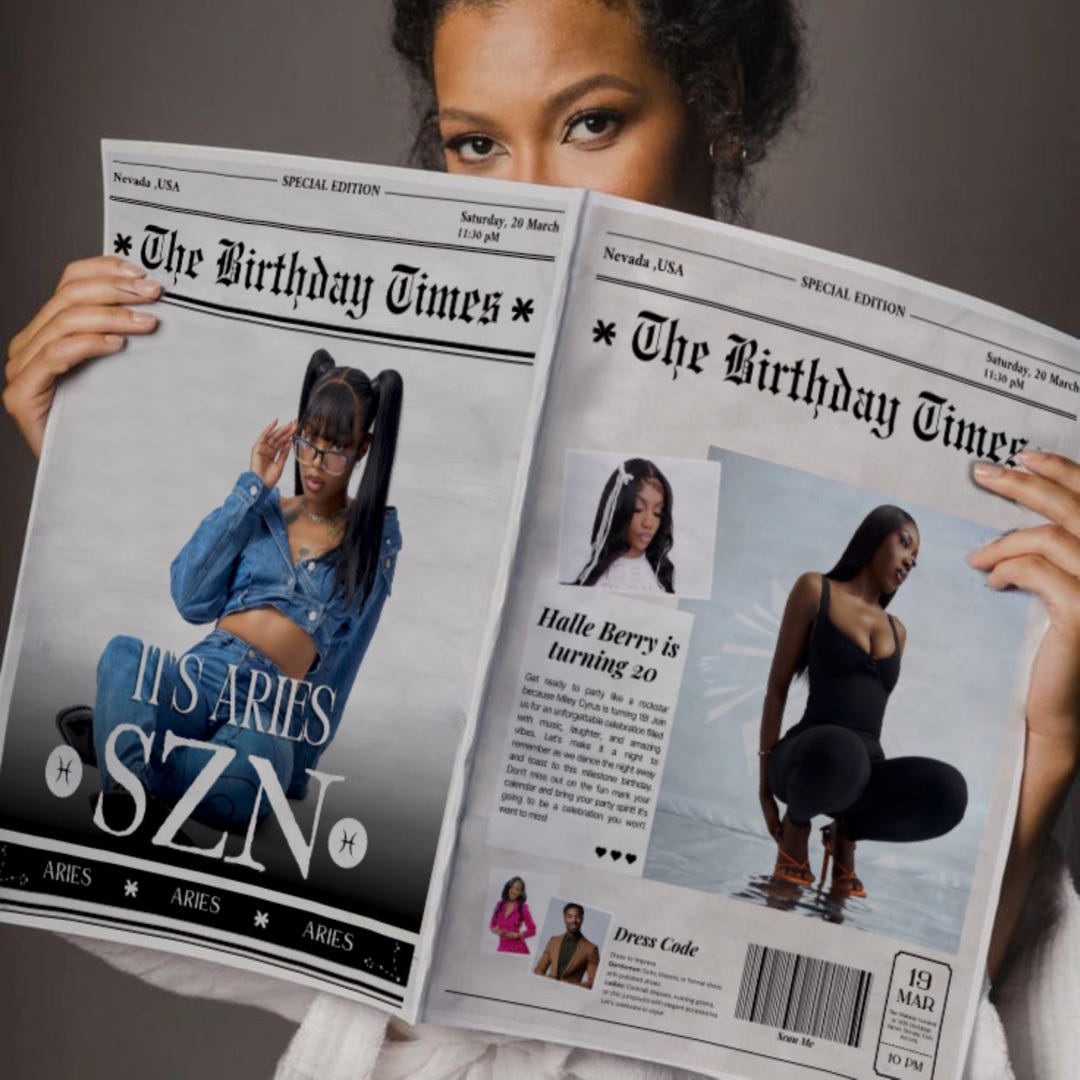 Aries Birthday Newspaper Template, Canva Birthday Newspaper Template ...