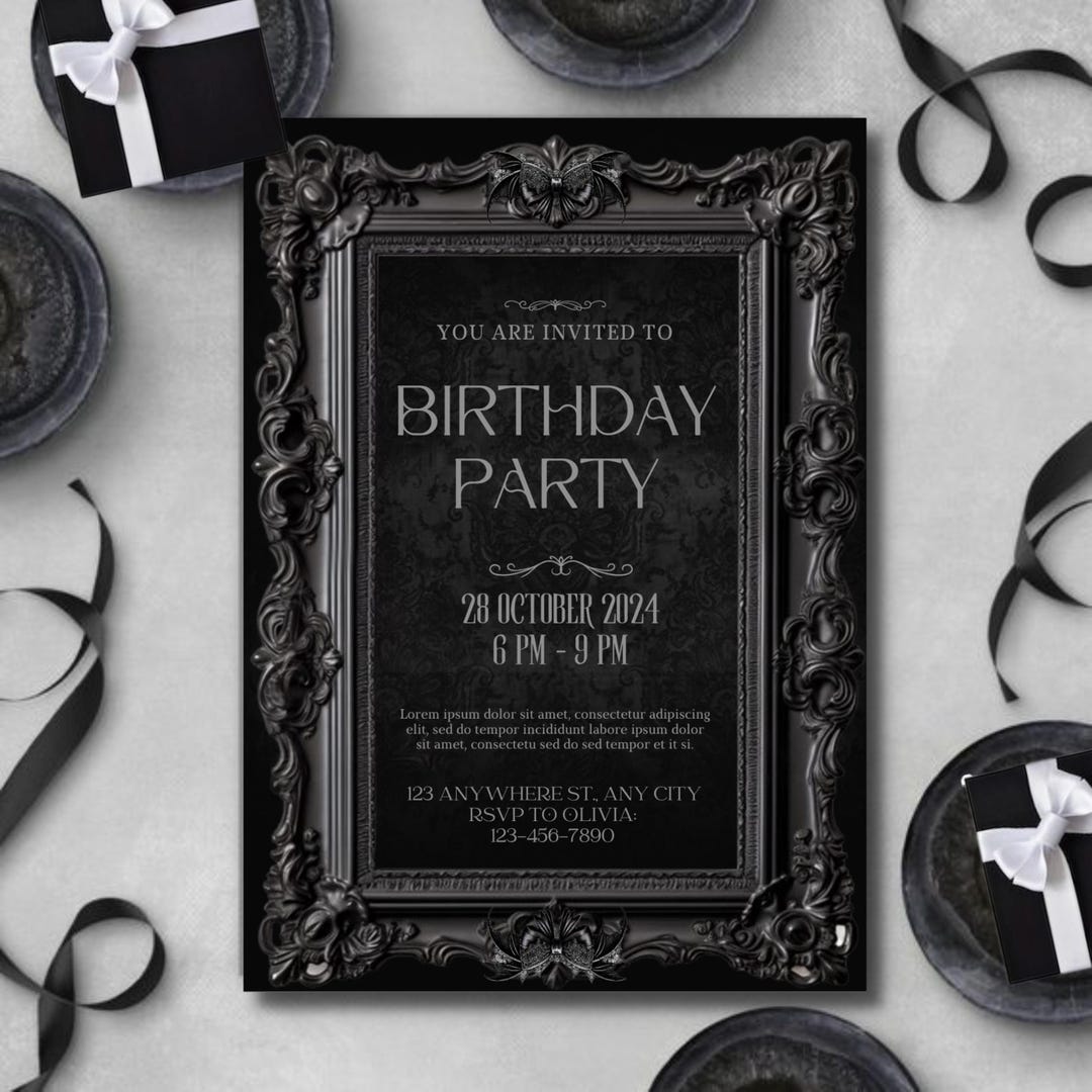 Black Birthday Invitation Template, Black Birthday Invite, All Black ...