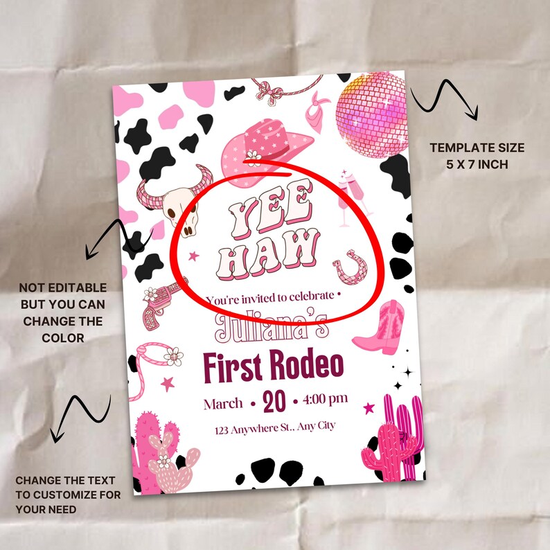 Editable Pink Cowgirl Birthday Invitation,yee Haw Cowgirl Party,space ...