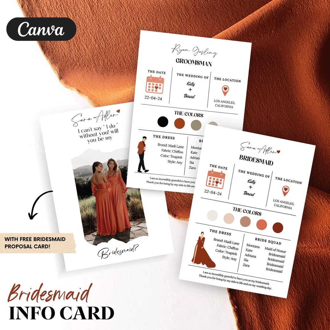 Bridesmaid Info Card Template Editable With Canva, Bridesmaid Groomsman ...