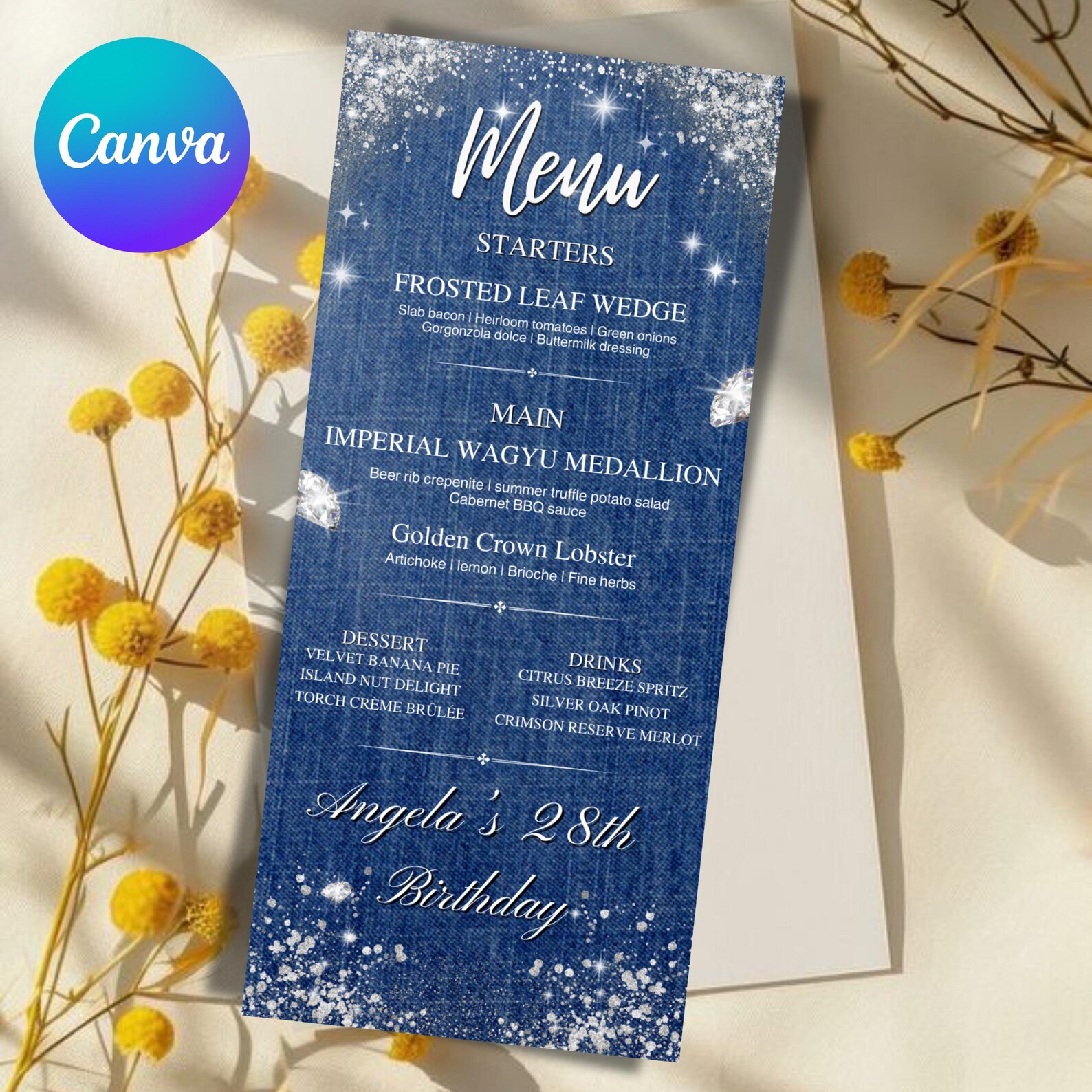 Denim and Diamonds Birthday Menu, Editable Denim & Diamonds Birthday ...