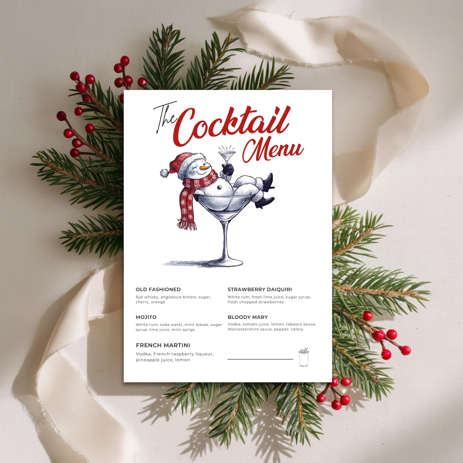 Christmas Cocktail Menu Sign Template, Holiday Party Bar Sign Printable ...