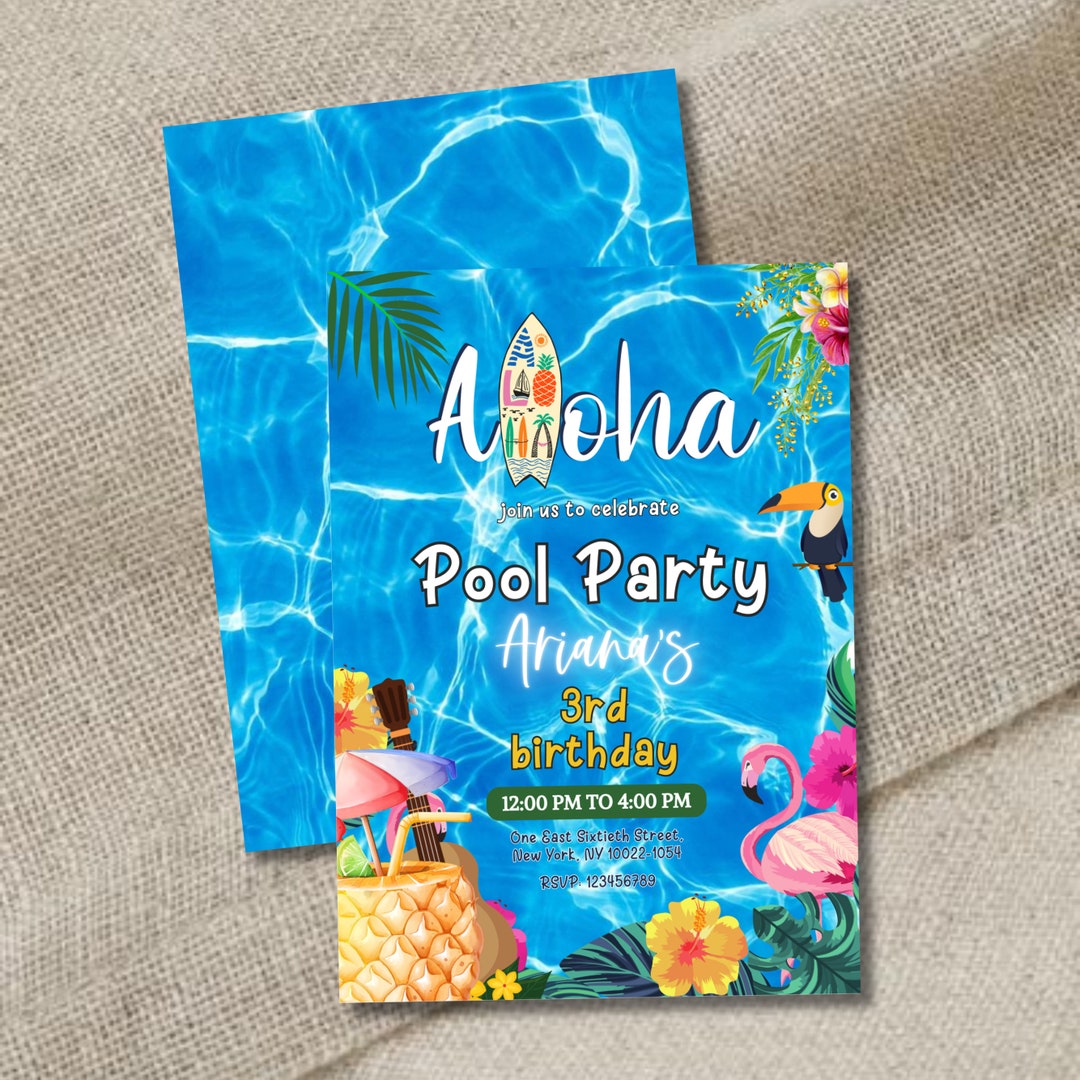 Aloha Pool Party Invitation, Editable Hawaiian Birthday Invitation ...