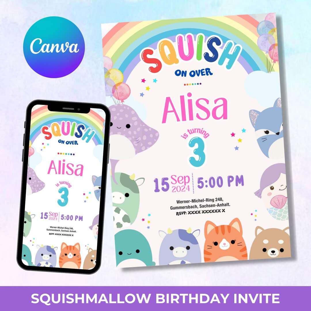 Editable Squishmallow Birthday Invitation, Squishy Invitation ...