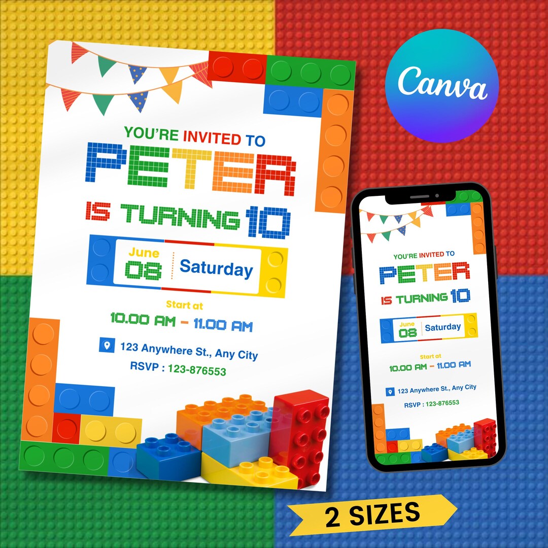 Editable Building Blocks Birthday Invitation, Building Bricks Birthday ...