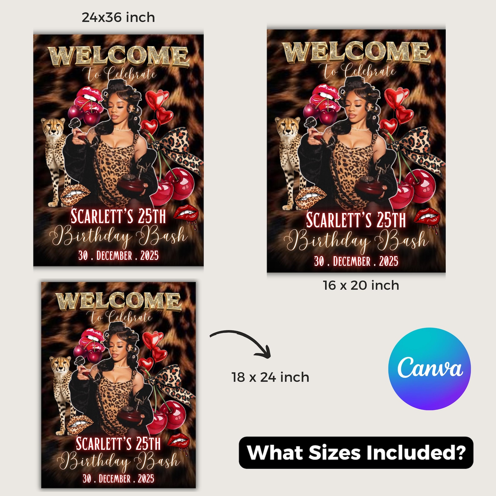 Cheetah Print Birthday Welcome Sign Leopard Red and Gold Sign Poster ...