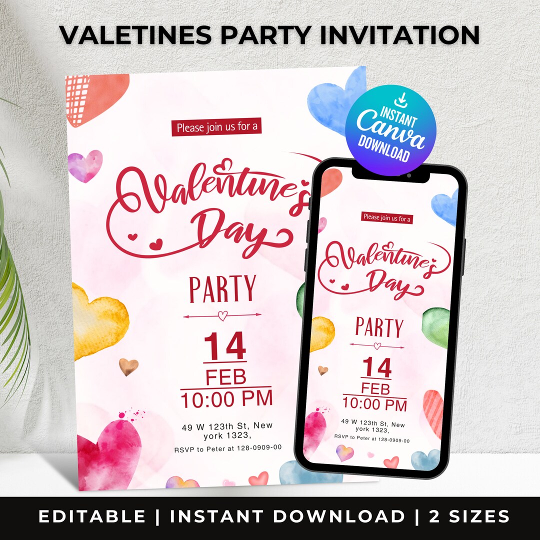 Printable Valentine Day Party Invitation Template, Happy Valentines Day ...