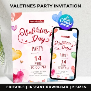 Printable Valentine Day Party Invitation Template, Happy Valentines Day ...