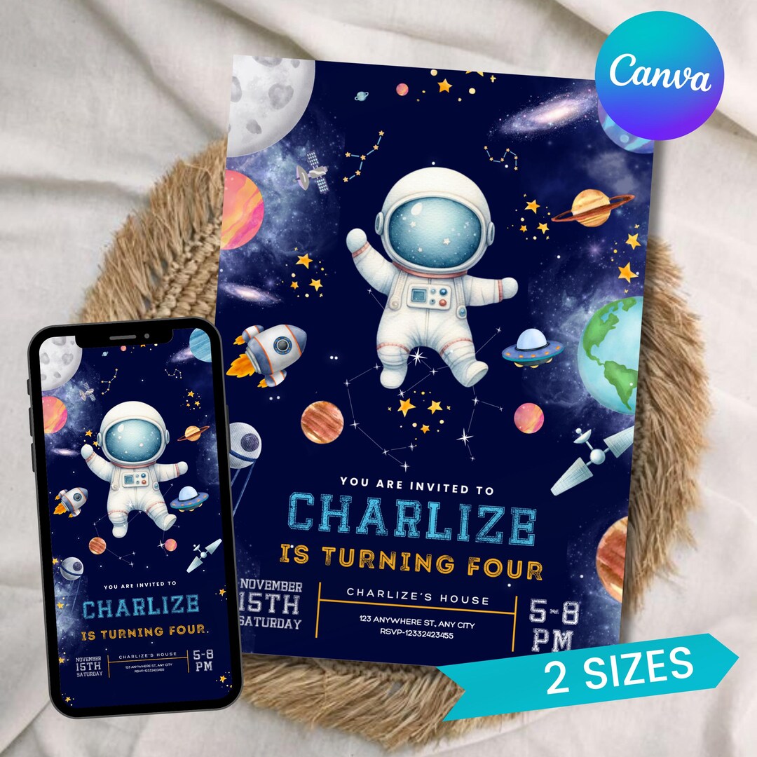 Editable Space Birthday Invitation, Planets Rocket Space Ship Astronaut ...