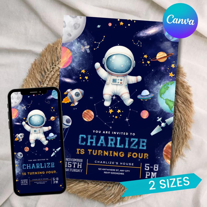 Editable Space Birthday Invitation, Planets Rocket Space Ship Astronaut ...