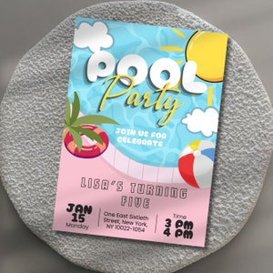 Pool Party Birthday Invitation, Printable Blue Pool Party Invite ...