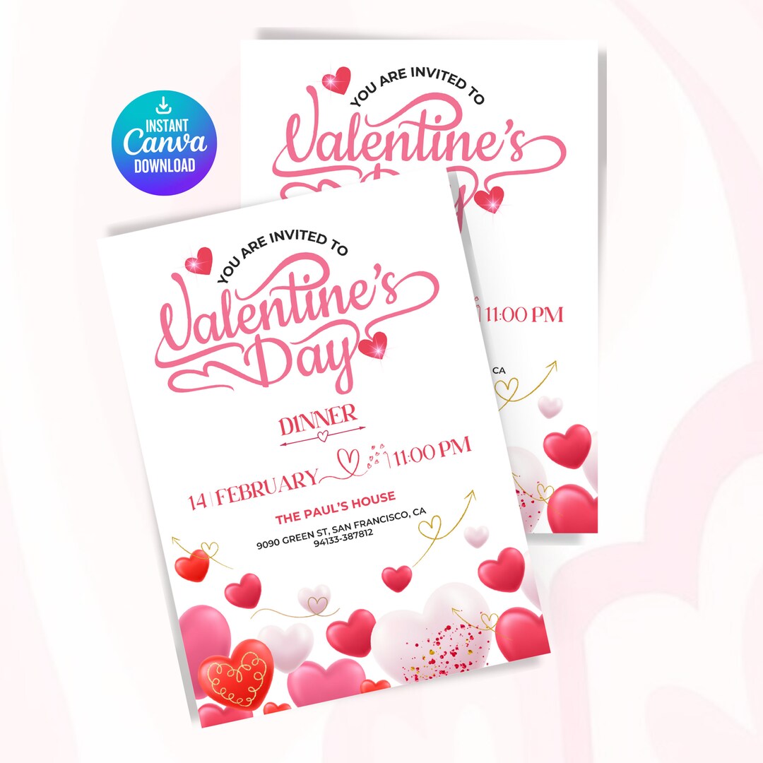 Valentine Day Dinner Party Invitation Template, Happy Valentine's Day ...