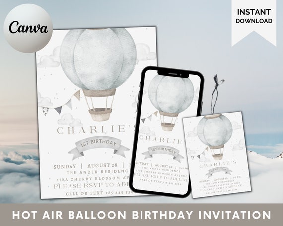 Air Balloon Birthday Party Invite Blue Hot Air Balloon - Etsy