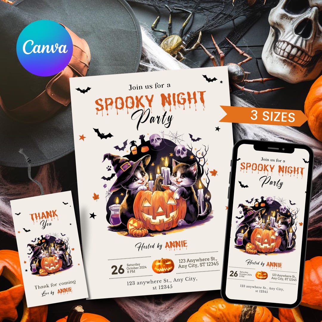 Editable Halloween Party Invitation, Black Cat Halloween Party Invite ...