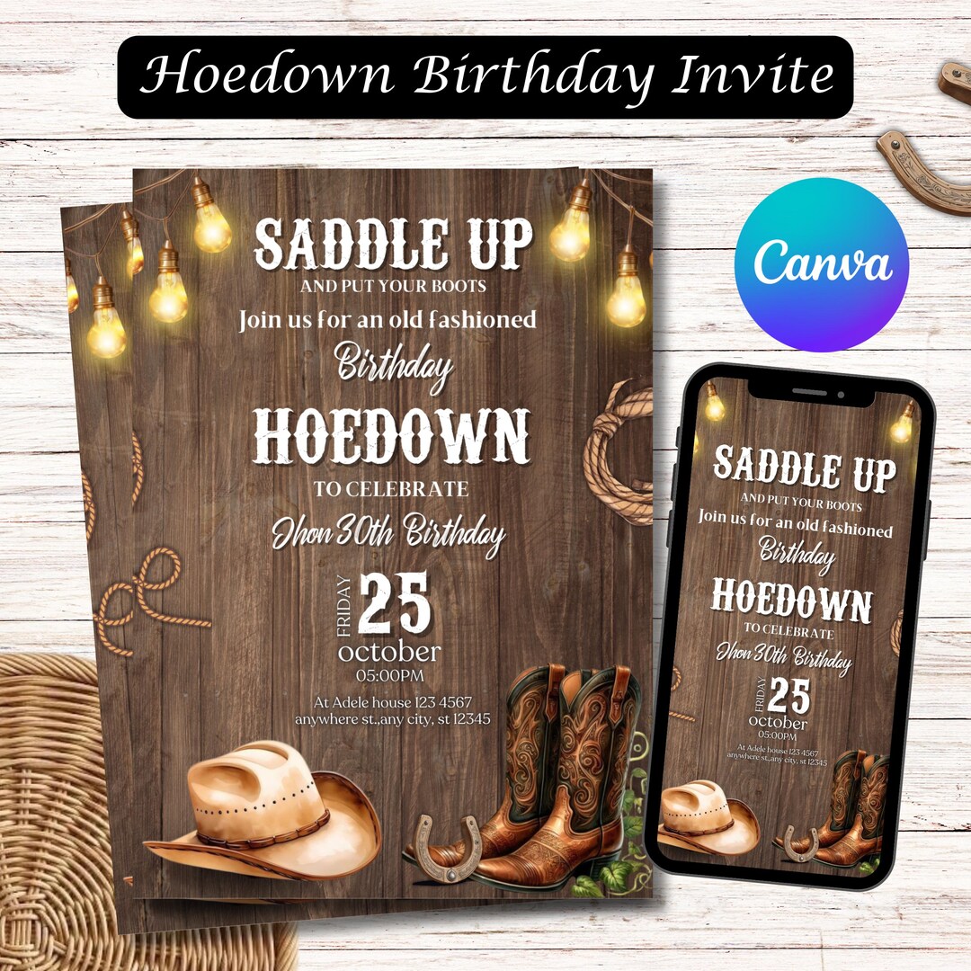 Editable Western Hoedown Birthday Invitation, Cowboy Boots Digital ...