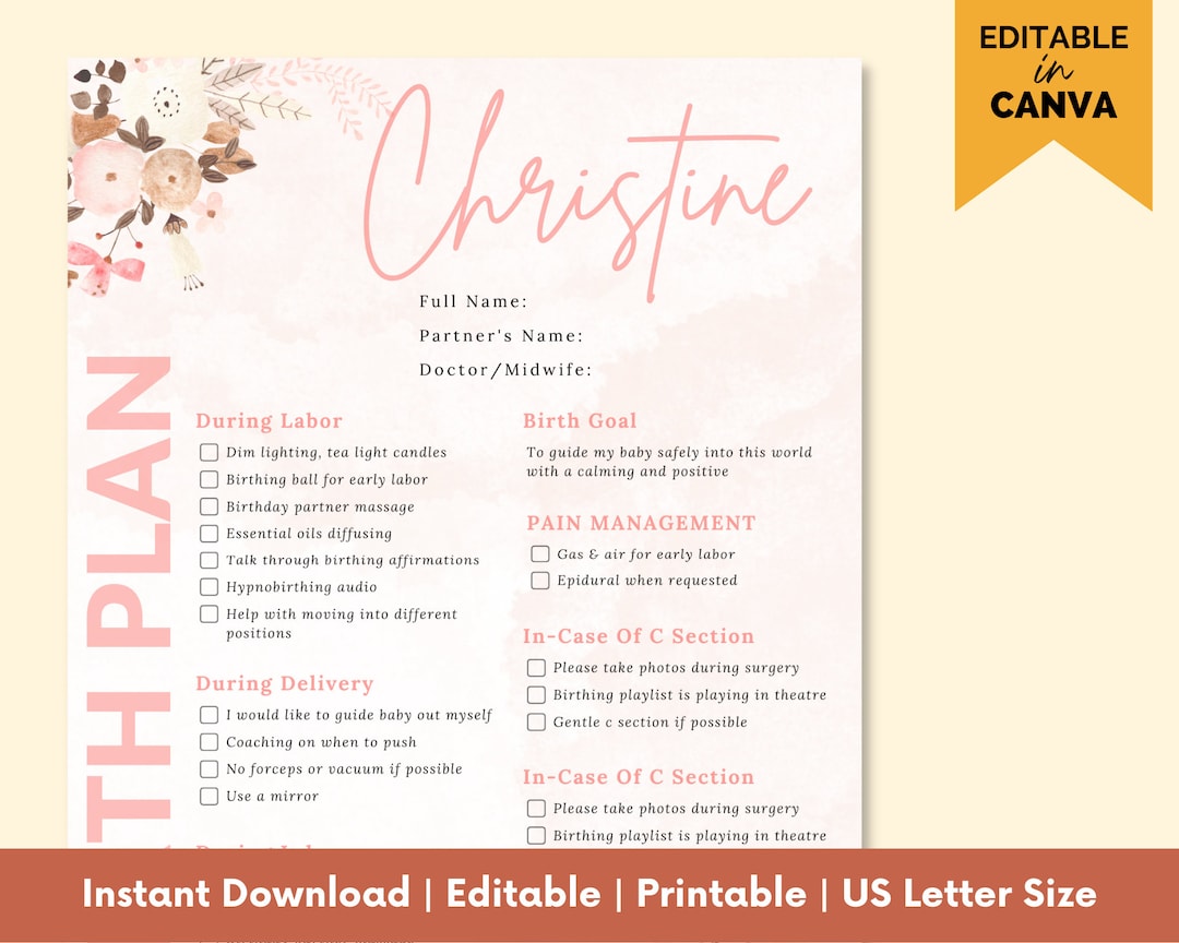 Editable Birth Plan Template Printable Birthing Plan - Etsy UK