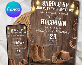Western Hoedown Birthday Invitation, Cowboy Party Invitation, Saddle up and Put Your Boots On ...