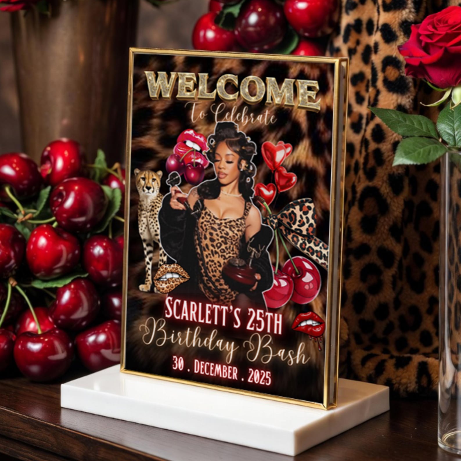 Cheetah Print Birthday Welcome Sign Leopard Red and Gold Sign Poster ...