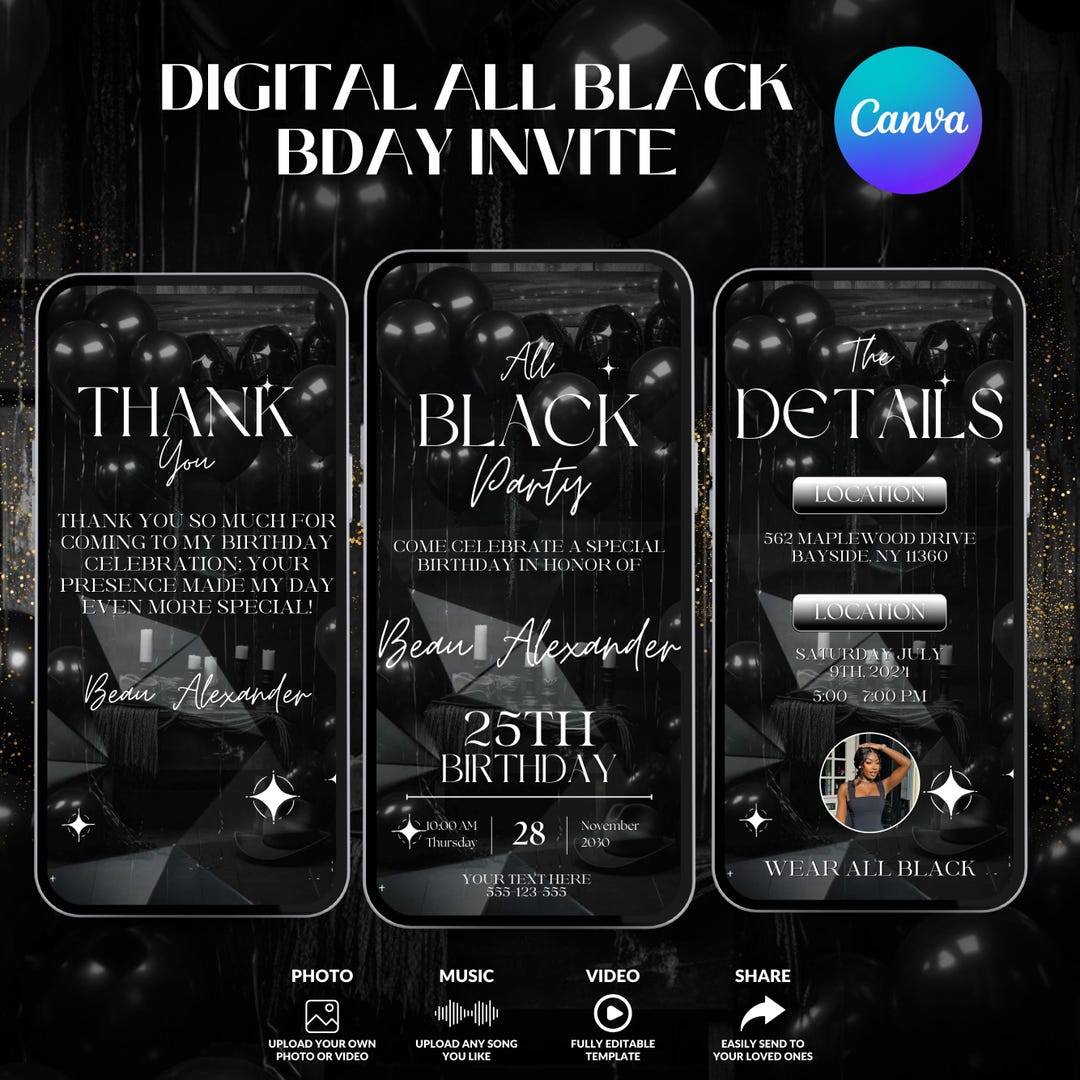 All Black Birthday Invitation Template, Digital Black Birthday Invite ...