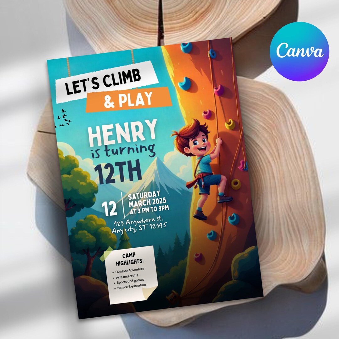 Editable Rock Climbing Birthday Invite, Printable Rock Wall Party ...
