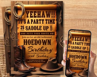 Western Hoedown Birthday Party Invitation, Saddle up and Put Your Boots On, Printable Cowboy ...