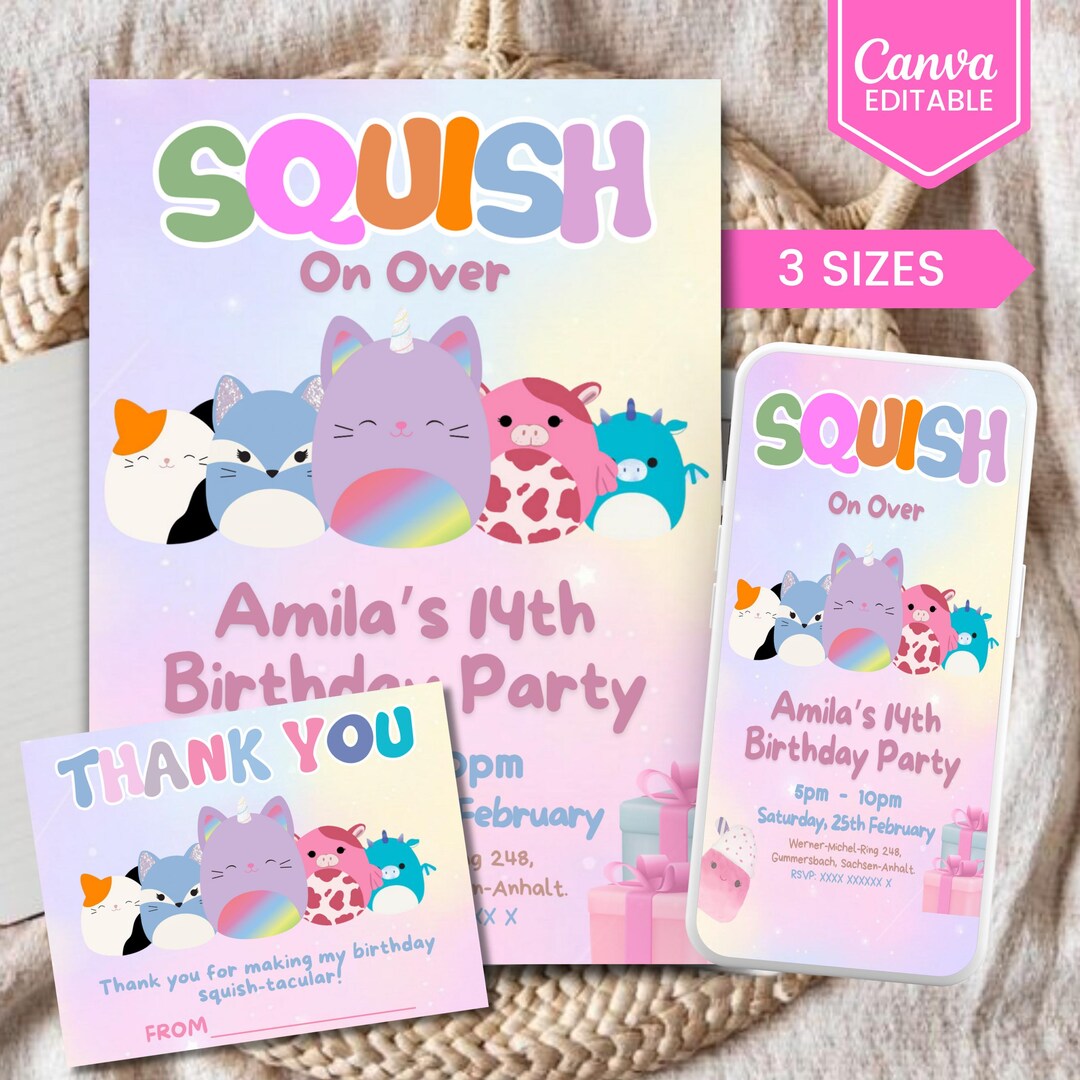Editable Squishmallow Birthday Invitation, Squishy Invitation ...