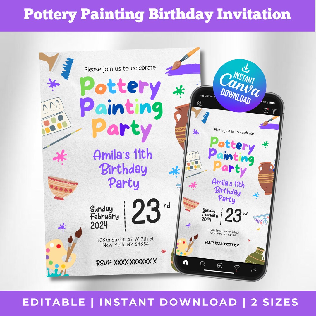 Pottery Painting Birthday Invitation, Painting Party Invites, Birthday ...