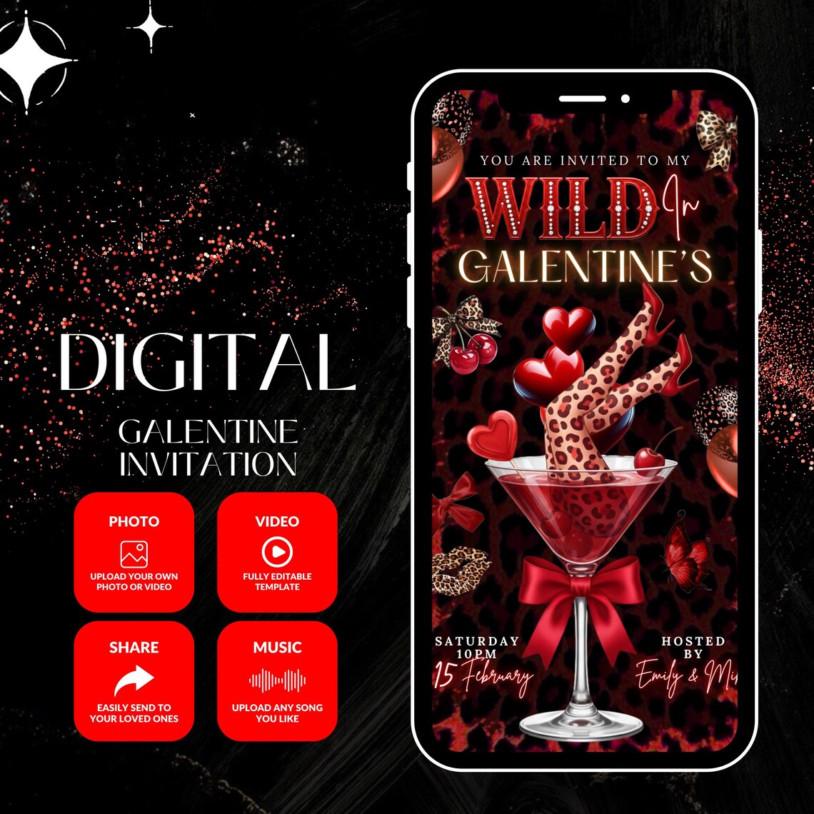 Digital Red Cheetah Galentine Day Party Invitation,galentine's Girls ...