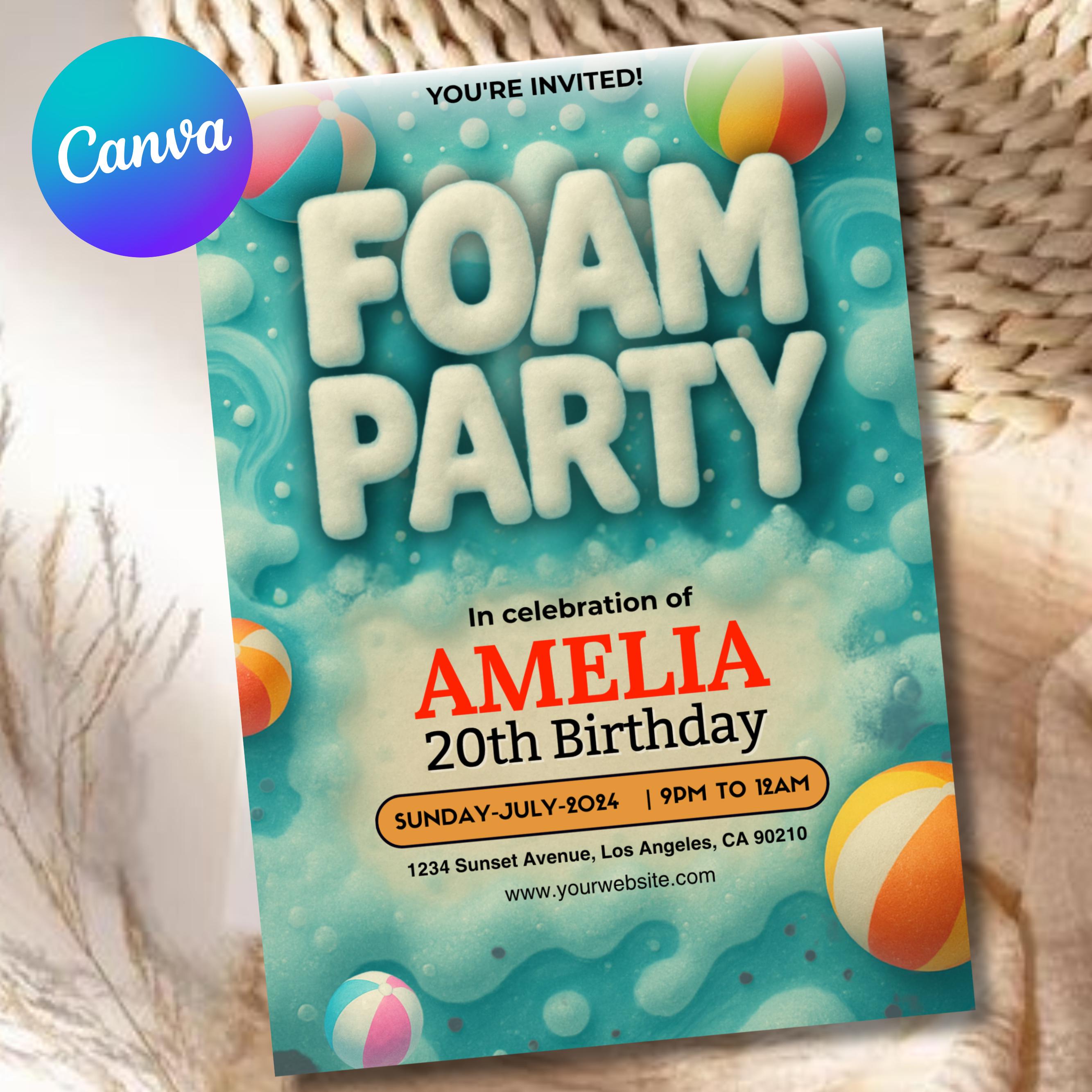 Foam Party Invitation, Editable Foam Party Invite, Bubble Birthday Card ...