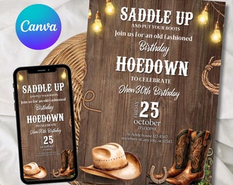 Western Hoedown Birthday Party Invitation, Saddle up and Put Your Boots On, Printable Cowboy ...