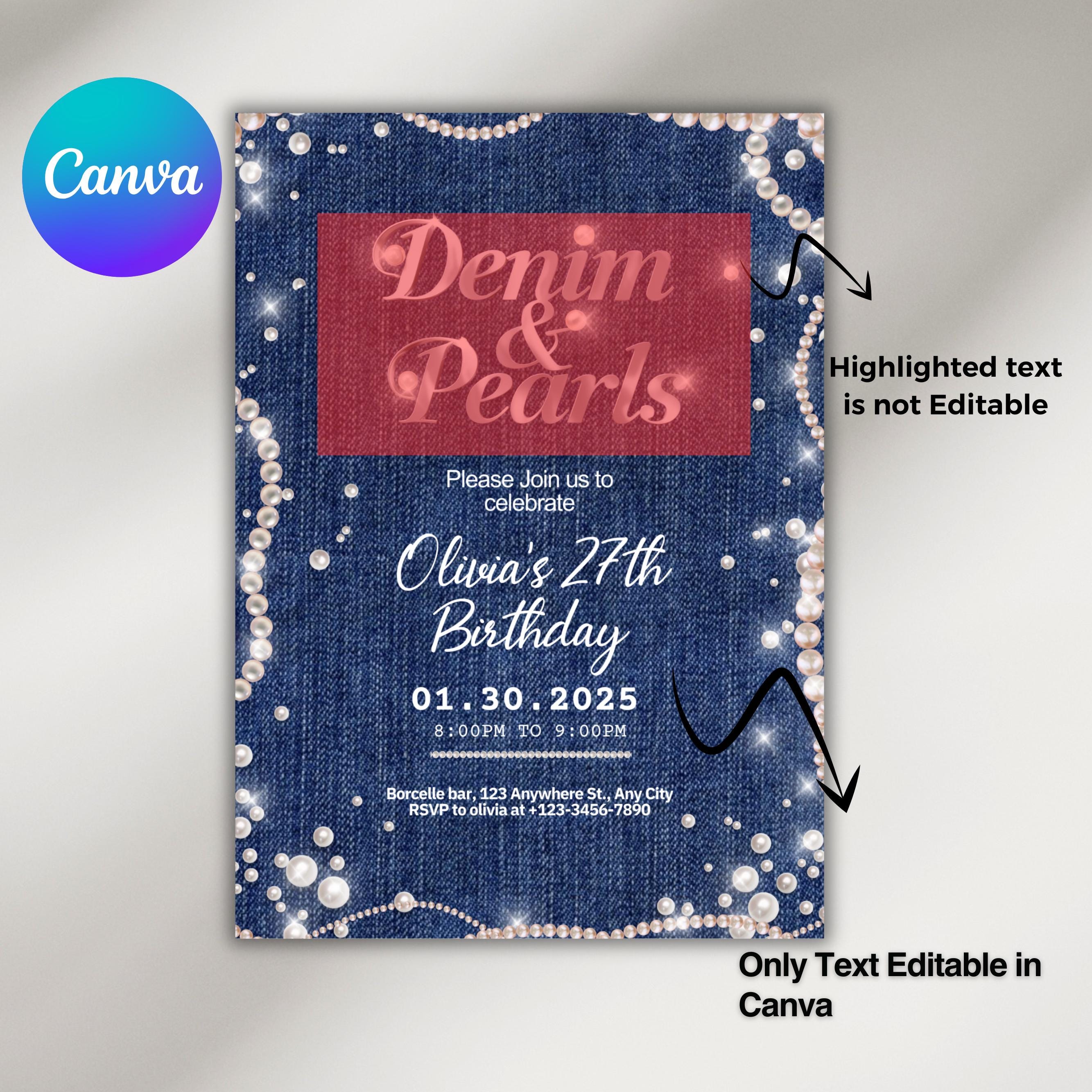 Denim and Pearls Birthday Invitation Template, Printable Pearl and ...