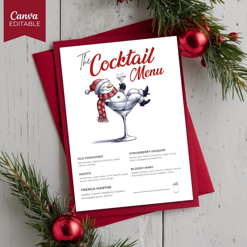 Christmas Cocktail Menu Sign Template, Holiday Party Bar Sign Printable ...